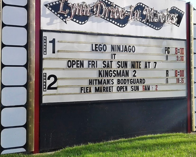 The classic marquee announces tonight's double features with retro charm. Where else can you catch LEGO Ninjago and a Sunday flea market in the same place?