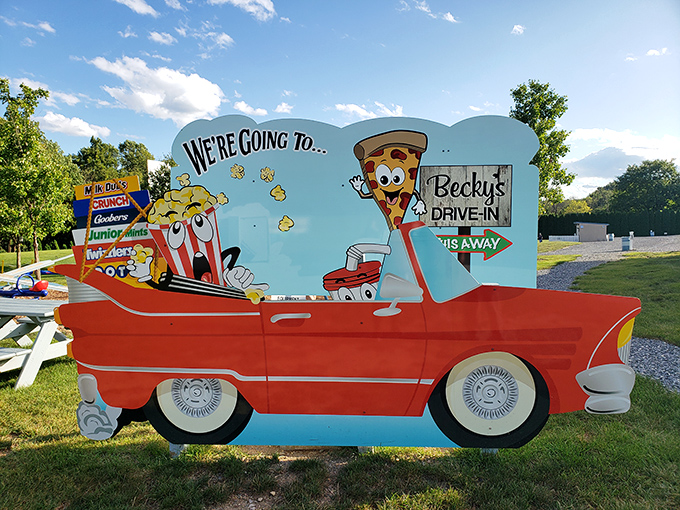 The ultimate photo op! Animated snacks invite you to Becky's in a vintage convertible that screams "American classic" louder than a movie trailer narrator.