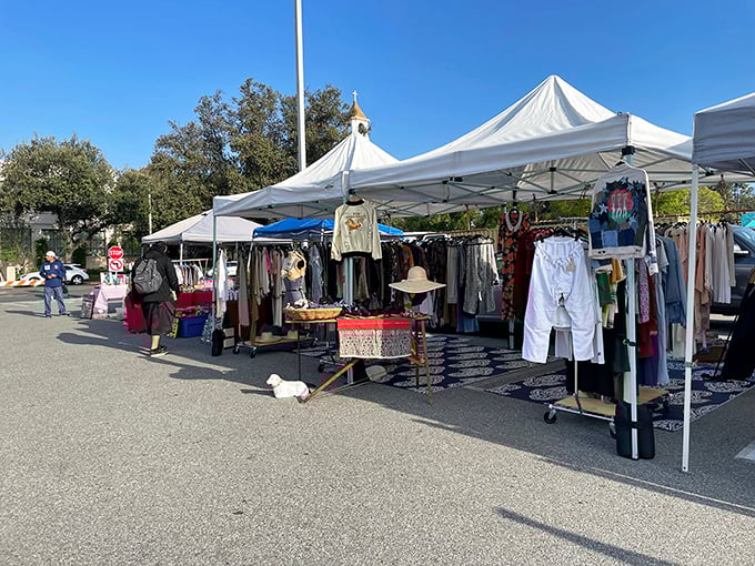 Rows of white tents house portable boutiques where vintage fashion gets a second chance at love under the California sun.