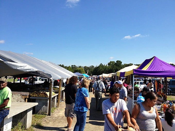 Colorful tents create a makeshift Main Street where shoppers navigate the human current, each on their own quest for that perfect something.