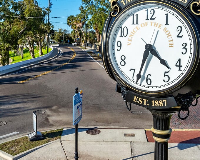 Time stands still at Tarpon Springs' historic street clock, marking "Venice of the South" since 1887. Some things are worth preserving perfectly.