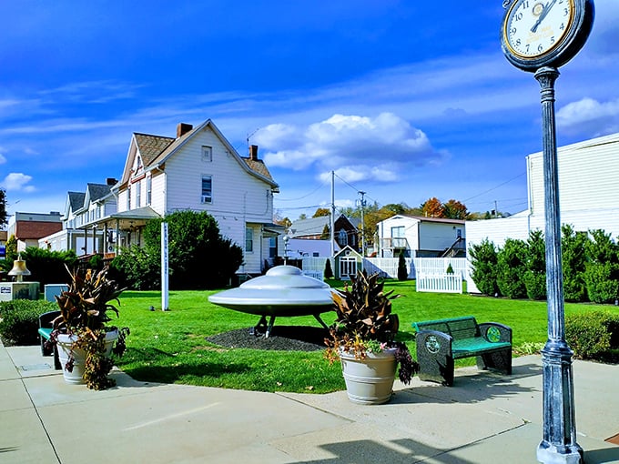 Downtown Mars embraces its cosmic namesake with this perfectly positioned flying saucer, where small-town charm meets outer space whimsy.