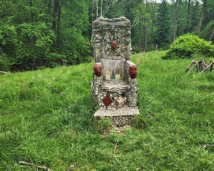 This whimsical throne awaits in a clearing, as if expecting woodland royalty. The face-adorned seat seems to whisper secrets to those brave enough to approach.