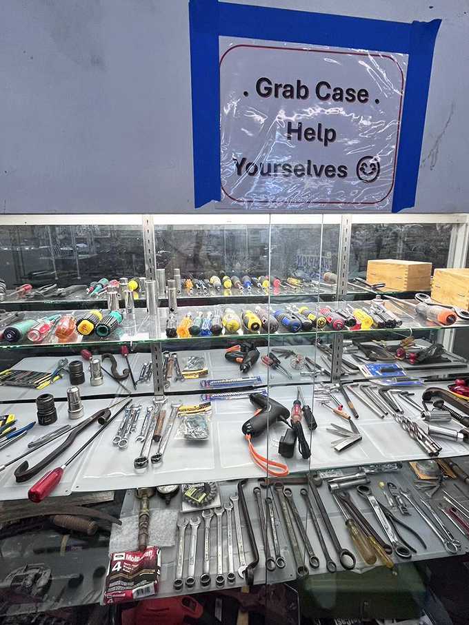 Tool paradise! This case offers everything from vintage screwdrivers to power tools. One person's discarded wrench is another's home improvement salvation.