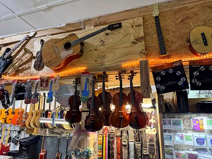 A musical forest of possibilities hangs from the walls, where guitars and violins await their next performance. Every instrument has a story to tell.