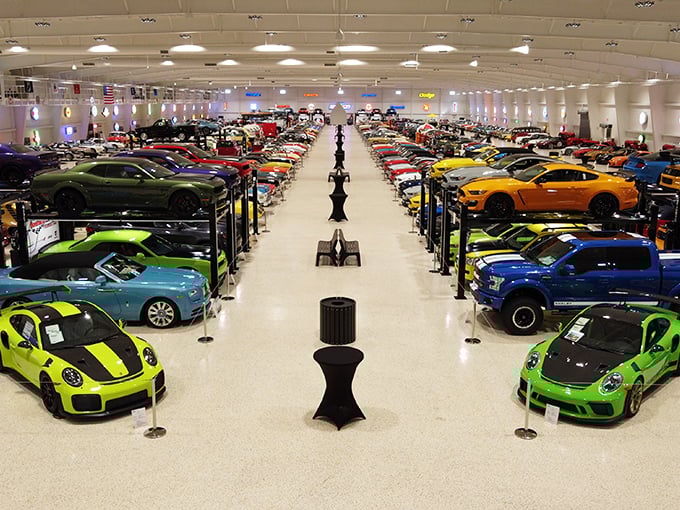 Muscle car heaven! This vast showroom houses an eye-popping rainbow of American horsepower that would make any gearhead's heart race.