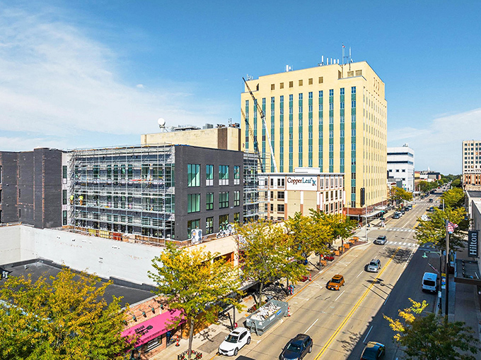 Appleton's downtown rises like a modern-day Main Street USA, complete with that pink roof charm.
