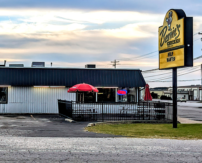 Bernie's bright yellow sign stands like a beacon of hope for hungry travelers. The chicken inside is worth every mile.