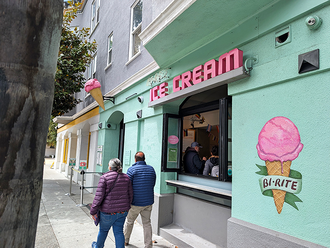 Mint-green dreams at Bi-Rite Creamery. That line of patient ice cream pilgrims tells you everything you need to know.