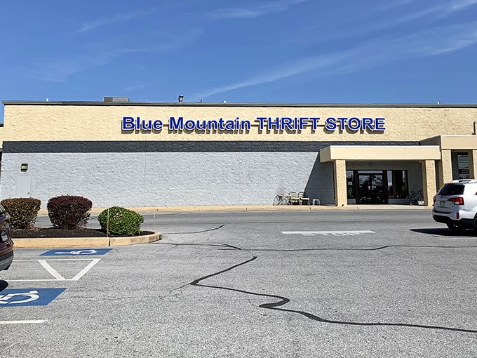Blue Mountain's bold signage promises a mountain of deals inside this unassuming thrift wonderland.