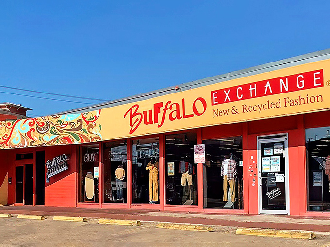 Buffalo Exchange's vibrant storefront promises a curated thrifting experience that's more boutique than bargain bin.