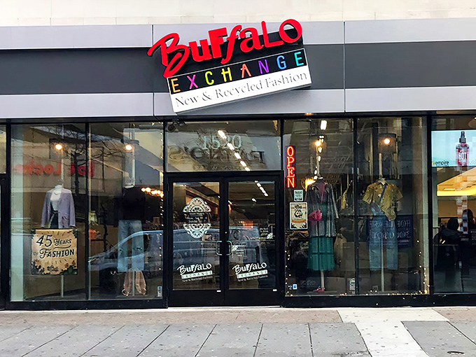 Buffalo Exchange's storefront promises fashion adventures within. That neon sign has guided style-savvy shoppers for decades of sustainable shopping.