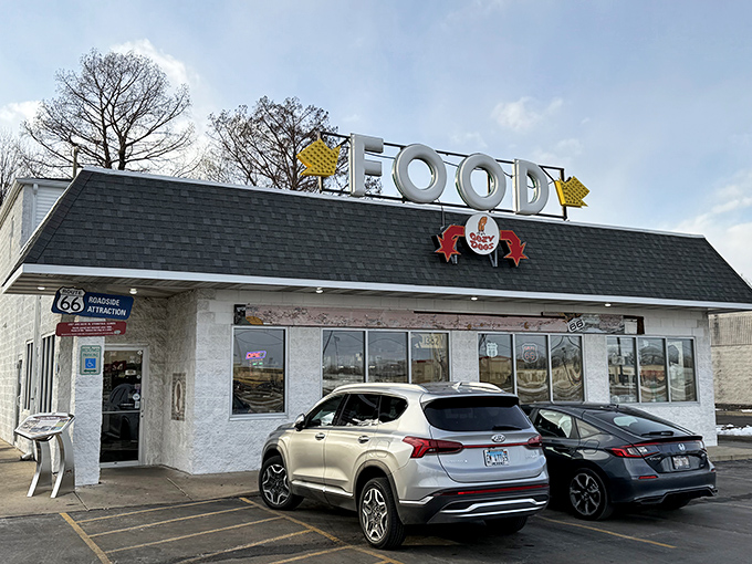 Cozy Dog Drive In's simple "FOOD" sign speaks volumes &ndash; Route 66 comfort without the frills.