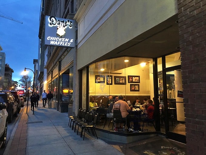 Dame's storefront whispers sweet nothings to passersby &ndash; "Psst, inside these walls, chicken meets waffle in a romance for the ages."