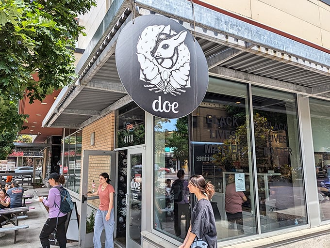 Doe Donuts' sleek corner spot with that adorable rabbit logo. Where vegan treats make even die-hard dairy lovers do a double-take.