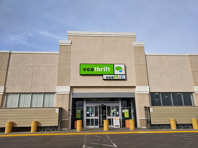 Eco Thrift's bright green sign promises eco-friendly bargains inside this treasure trove of secondhand delights.