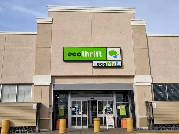 Eco Thrift's warehouse-style entrance hints at the massive secondhand universe waiting inside those doors.