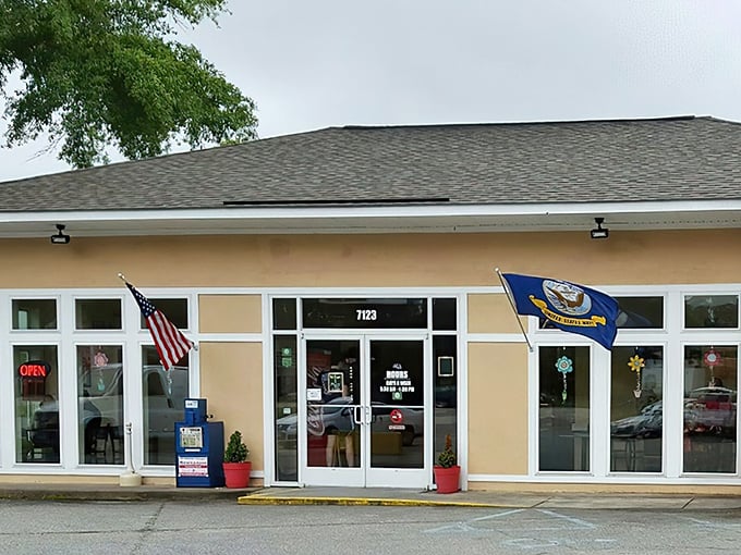 Emily's Donuts and Café stands proud with its flags flying – a patriotic tribute to the all-American art of donut-making.