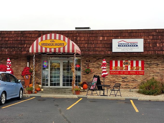 GR's candy-striped awning promises sandwich salvation. Like finding an oasis of flavor in a desert of fast food chains.