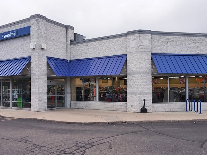 Goodwill's blue awnings beckon like a thrift siren song &ndash; "Come in, browse awhile, lose track of time completely."