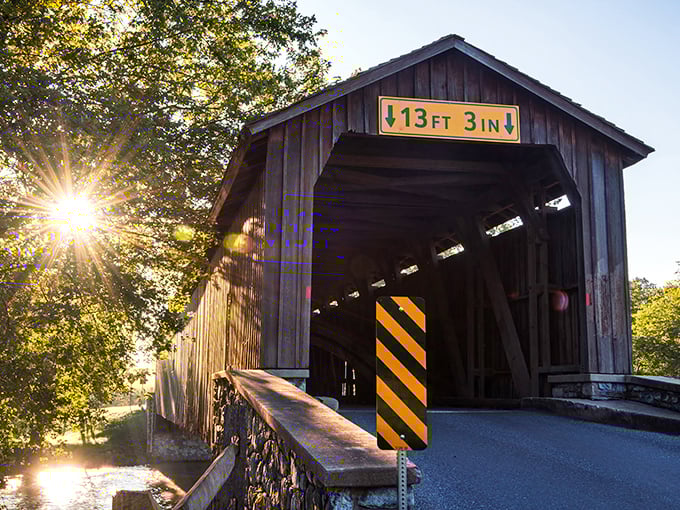 Hunsecker's Mill Bridge at golden hour&mdash;nature's Instagram filter making this Civil War witness look like it belongs on a box of artisanal crackers.