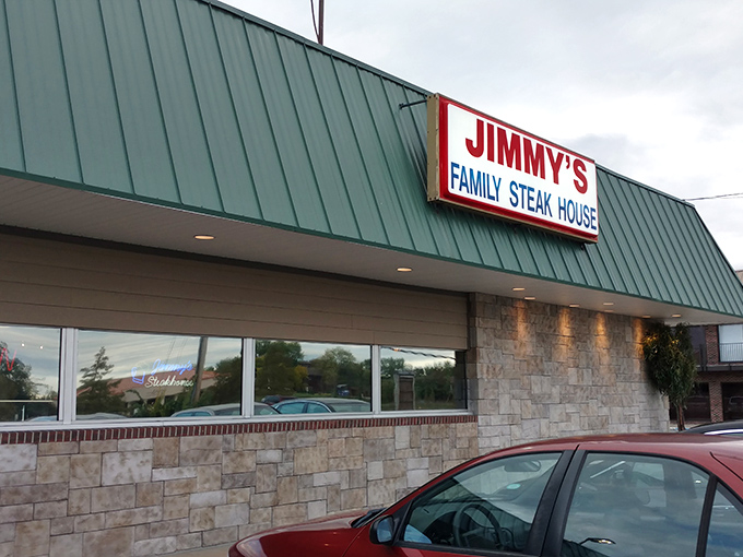 Jimmy's green roof stands like a beacon for steak lovers. No fancy frills, just the promise of perfectly grilled beef inside.