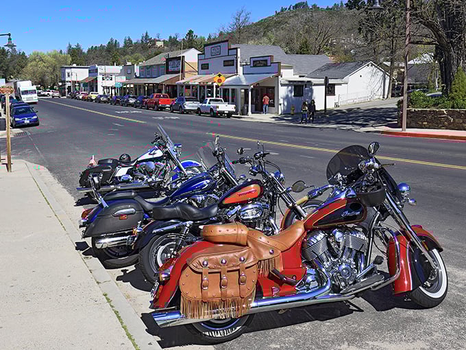 Julian's Main Street, where motorcycles park outside historic buildings in a perfect blend of Wild West and weekend warrior.