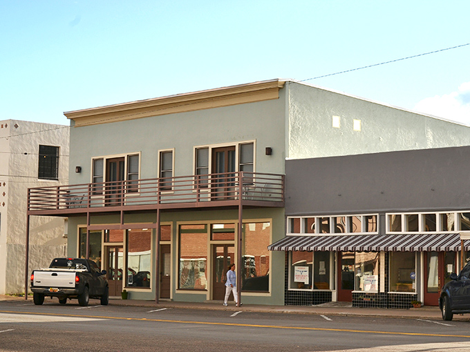 Marfa's modern storefronts blend desert minimalism with artistic flair—like a Wes Anderson film set in West Texas.