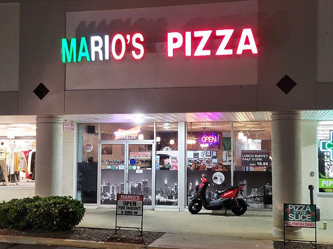 Mario's neon sign glows like Times Square transported to Rock Hill&mdash;a bright promise of New York-style pizza that delivers on every cheesy fold.