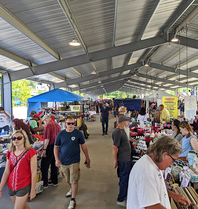 Nashville Flea Market's covered pavilion - a climate-controlled treasure cave where one person's castoffs become another's conversation pieces.