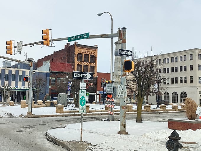 New Castle's downtown intersection captures small-town America at its most authentic. Winter's touch adds a quiet dignity to these sturdy brick buildings.