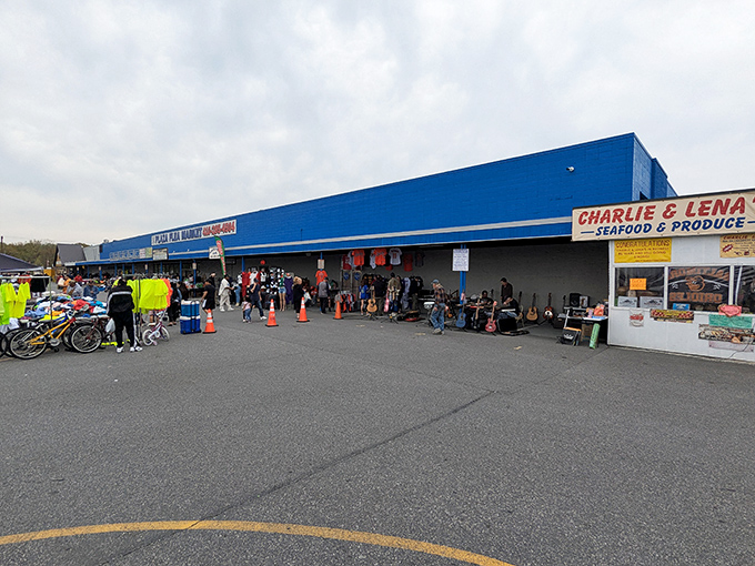 The big blue bargain palace of North Point Plaza stands ready for treasure hunters. Even the clouds seem excited!