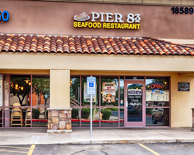 Pier 83 brings coastal charm to strip mall Arizona. Behind that terra cotta roof lies seafood that'll transport you straight to the ocean.
