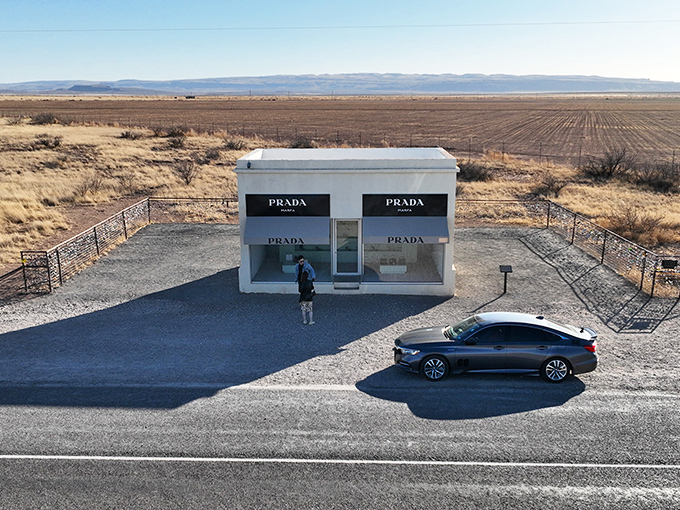 High fashion meets high desert! This lonely Prada store stands like a mirage in the middle of nowhere.