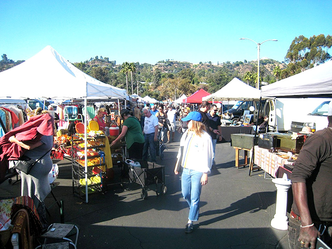 Bargain boulevard stretches to the horizon. Sun-dappled shoppers navigate the Rose Bowl's sea of tents like modern-day treasure hunters.