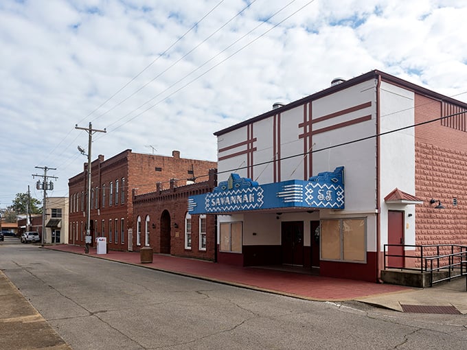 Savannah's historic theater stands as a blue beacon of entertainment, where small-town charm meets big-screen dreams.