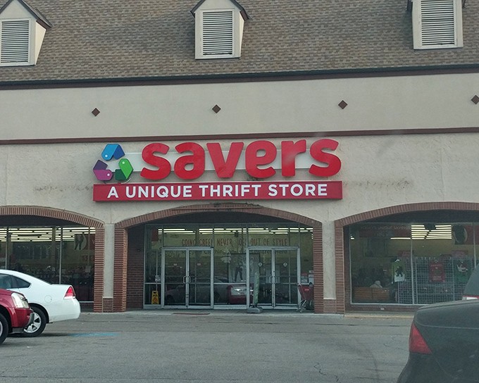 Savers' bold red sign against white walls promises a treasure trove of possibilities inside this Willowick wonder.