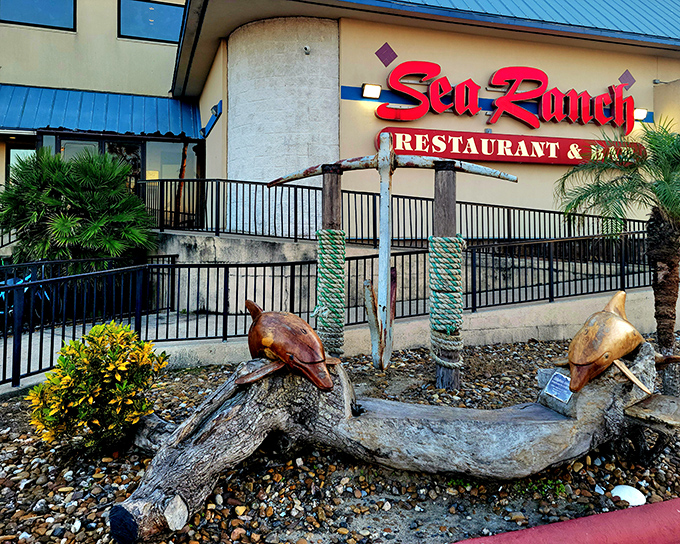 Sea Ranch's bright red sign against that coastal building says "serious seafood ahead" &ndash; your stomach is already thanking you.