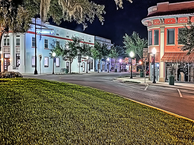 Nightlife with small-town flair! Sebring's colorful downtown buildings glow under evening lights, creating a scene worthy of a Hallmark movie.