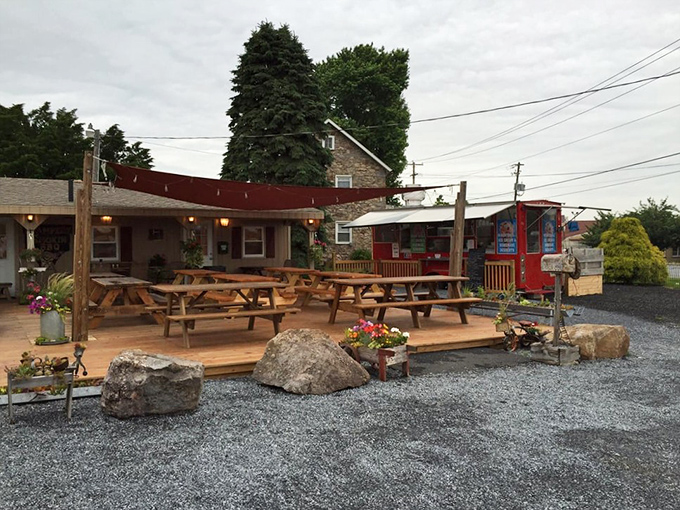 Outdoor dining at Stampede feels like a backyard BBQ with friends you haven't met yet. Those picnic tables have stories to tell!