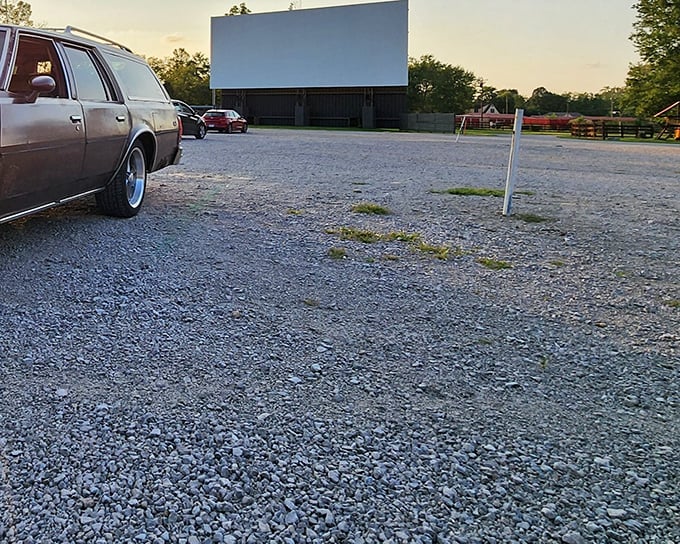 The classic drive-in experience at Starlite: gravel beneath tires, anticipation in the air, and that massive screen waiting for dusk.