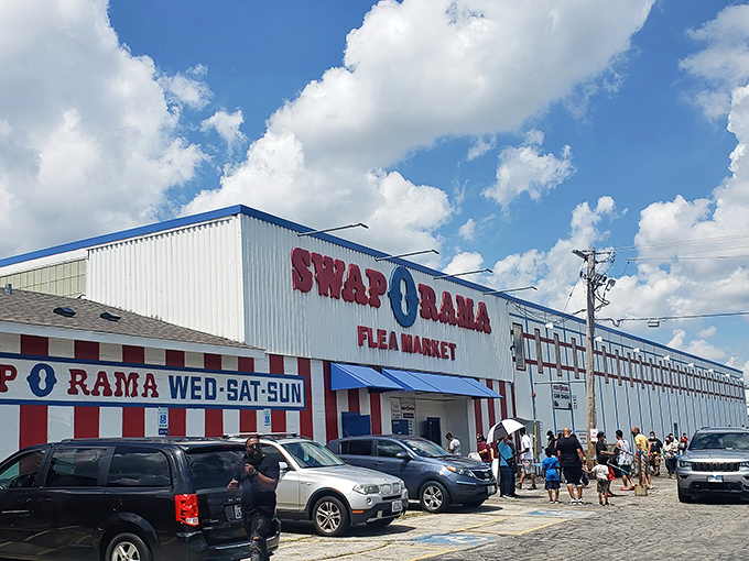 Red, white, and full of delights! Swap-O-Rama's distinctive exterior promises a carnival of bargains inside.