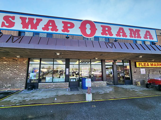 "SWAP-O-RAMA" in bold red letters—like Vegas for bargain hunters without the gambling (unless you count that mystery box).