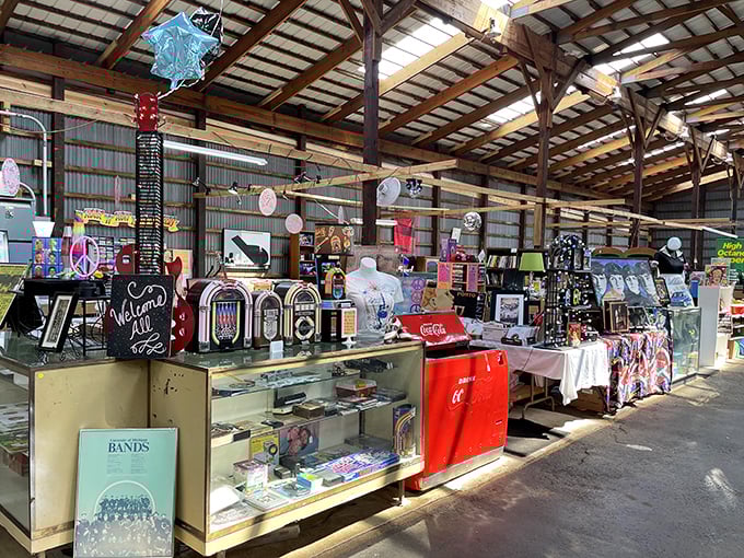 Step inside this wonderland of nostalgia where vintage jukeboxes meet Coca-Cola collectibles under rustic wooden beams.