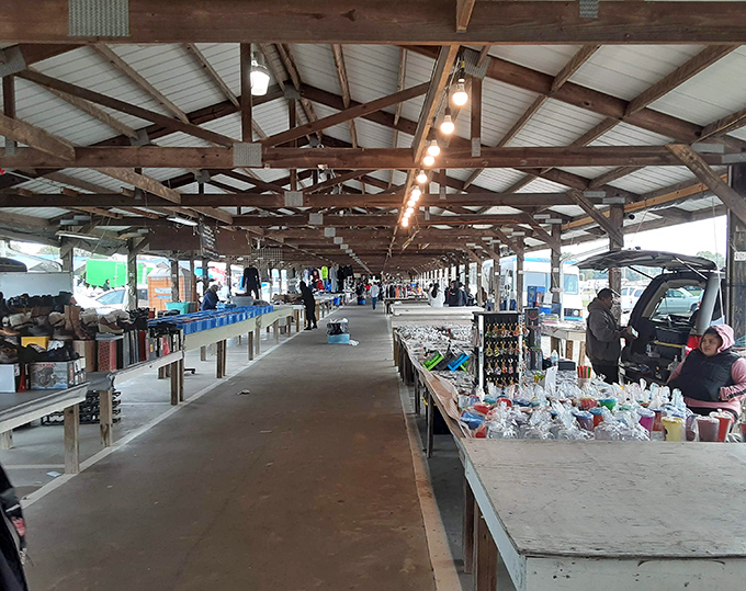 The Barnyard's covered walkway stretches like a runway of possibilities, with treasures waiting at every turn.