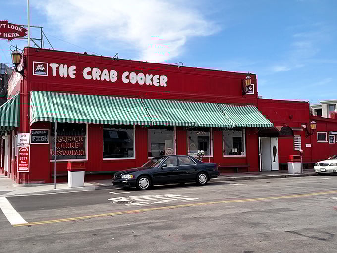 The Crab Cooker's fire-engine red exterior and green awnings scream "we're not fancy, but our seafood is legendary!" A Newport Beach institution that delivers on its promises.