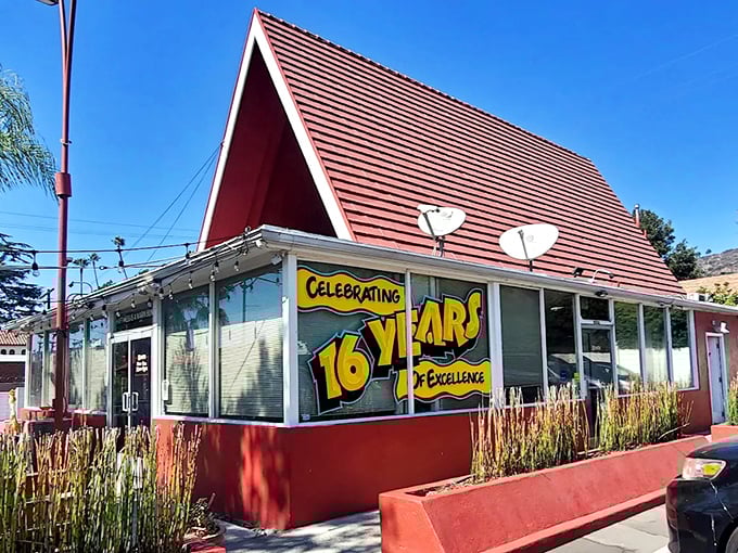 The Oinkster's distinctive A-frame roof stands out like a red-topped beacon of sandwich salvation in Eagle Rock.