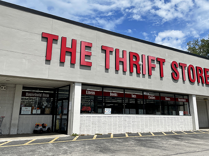 Bold red letters that cut right to the chase. No fancy names needed when your shelves are stuffed with this many treasures!