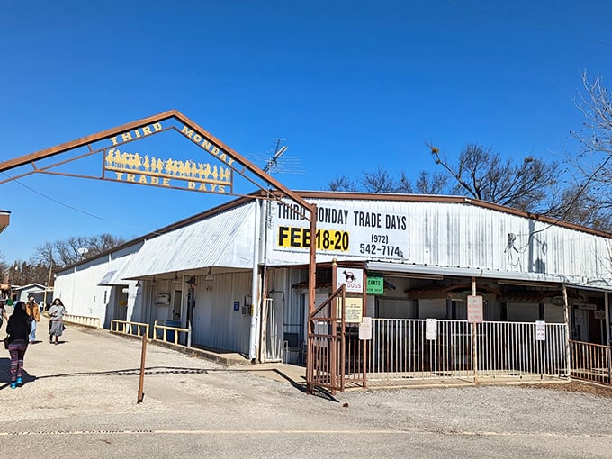 Third Monday Trade Days welcomes shoppers with its iconic white metal building. The treasure hunt begins at the entrance!