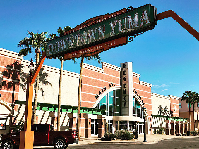 Downtown Yuma's vintage sign stands proud like a friendly sentinel - part nostalgic landmark, part promise of sunny adventures ahead.